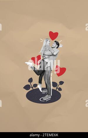 Picture collage sketch of enamored man hold lovely girl kissing hugging ...