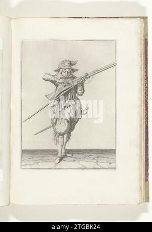 Soldier who blows his wick clean, covering the pan of his musket with ...