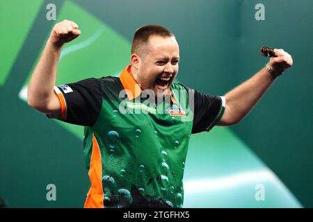 Steve Lennon reacts after winning against Owen Bates (not pictured) on ...