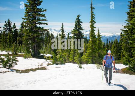 A hiker follows the snowy Panorama Ridge Trail, with the stunning ...