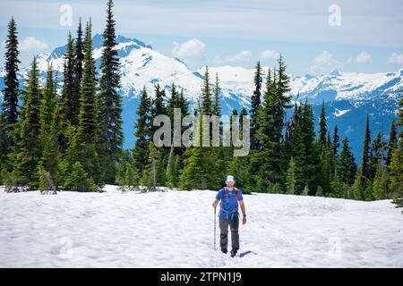 A hiker follows the snowy Panorama Ridge Trail, with the stunning ...