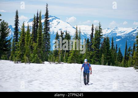 A hiker follows the snowy Panorama Ridge Trail, with the stunning ...