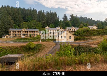 Horizontal photo of several historic buildings at Fort Columbia State ...