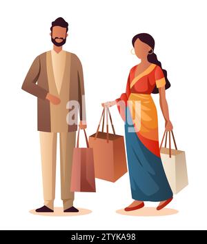 Indian woman with shopping bags , illustration, vector on white ...