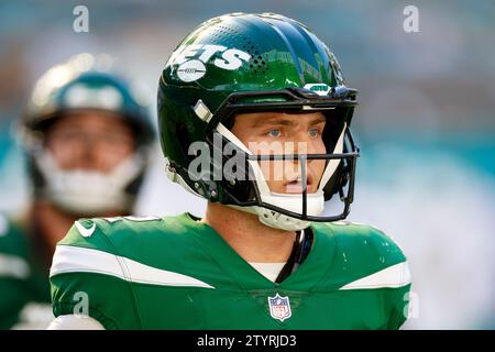 Miami Dolphins quarterback Zach Wilson arrives before an NFL football ...