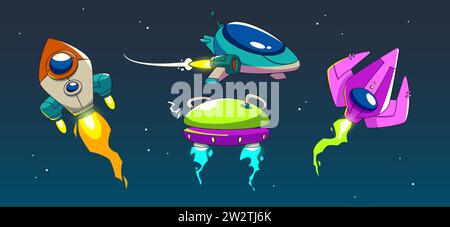 Game rocket spaceship with fire trail cartoon. Alien reactive ship in ...