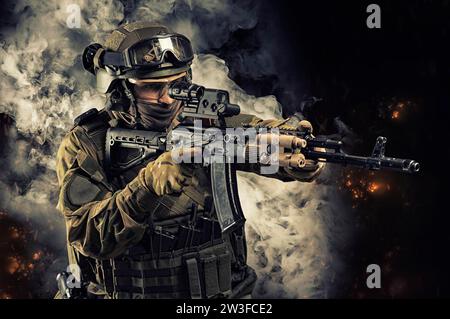 Portrait of a special forces soldier who is aiming at a collimator ...