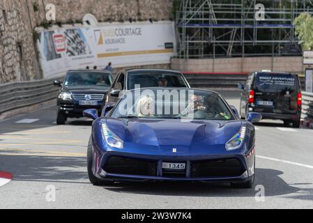Monaco, Monaco - Blue Ferrari 488 Spider driving on the road in the ...