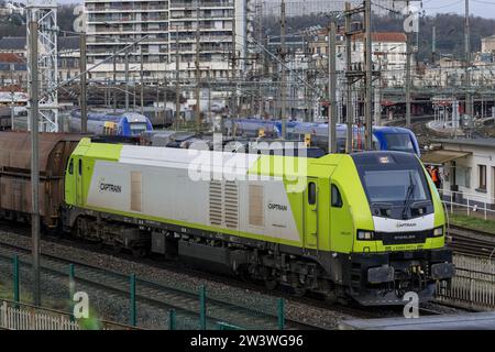 Nancy, France - White and green diesel electric locomotive Stadler EURO 4001 crossing Nancy ...