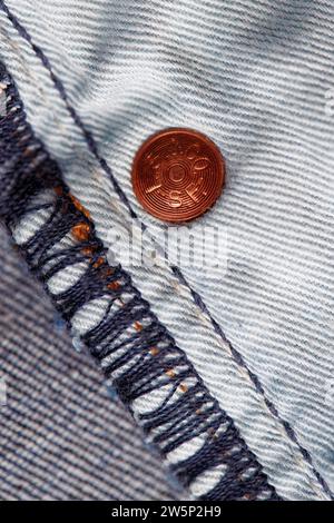 Seams on LEVI'S jeans close-up. Stitching on denim on the inside ...