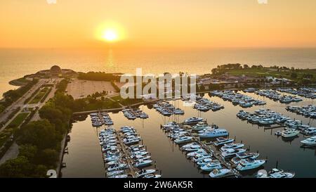 Aerial Golden Hour at Burnham Harbor Marina with Chicago Skyline ...