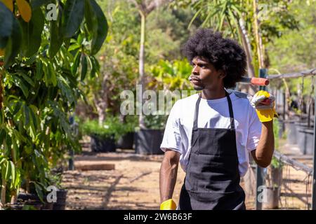 African american botanist holding blurred syringe in greenhouse Stock ...