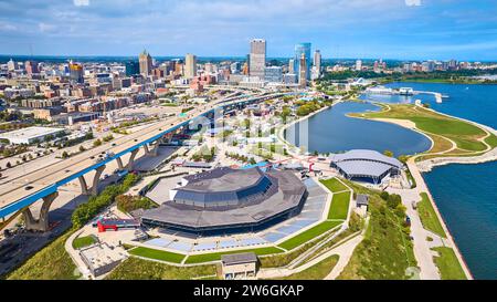 Aerial View of Milwaukee Cityscape with Stadium and Hoan Bridge ...