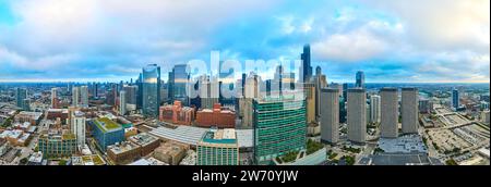 Chicago skyline panorama aerial view with skyscrapers over Michigan ...