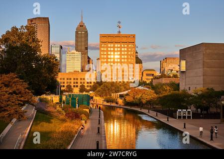 Indianapolis Skyline at Sunset with Reflective Canal Waters Stock Photo ...