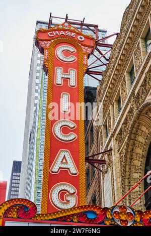 Large orange sign with Chicago in white lettering in downtown of city ...