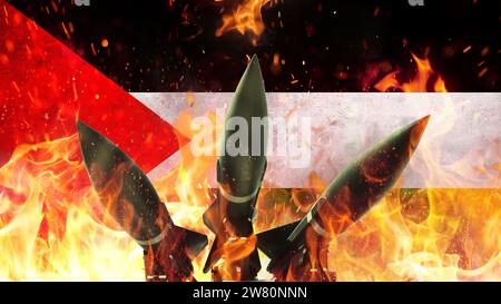 Palestinian flag and missile weapons on fire with sparks, concept. War ...