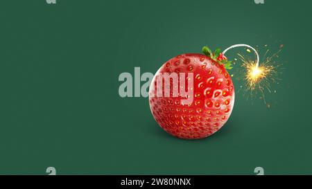 Delicious creative juicy strawberry bomb with wick and sparks burns on ...