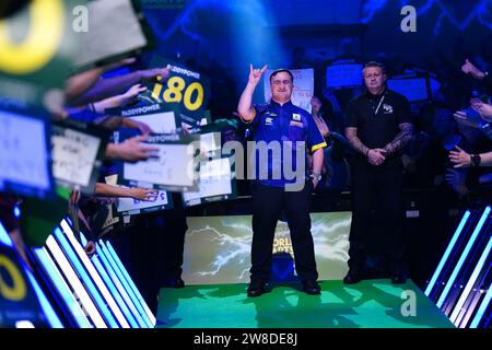 Andrew Gilding walks out to play Nathan Aspinall (not pictured) during ...