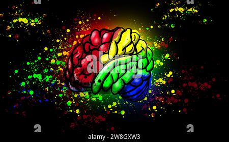colorful brain illustration with paint splatters digital painting Stock ...
