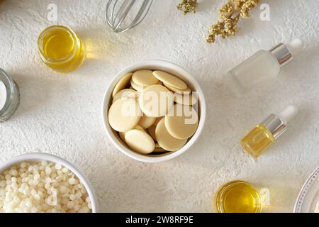 Cocoa butter pellets with essential oils, she butter and beeswax for ...