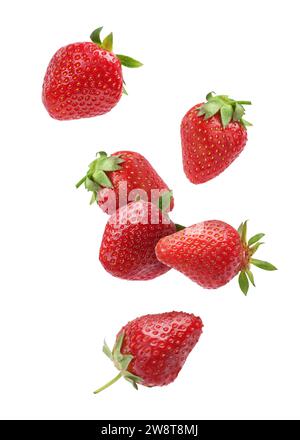 Fresh ripe strawberries falling on white background Stock Photo - Alamy