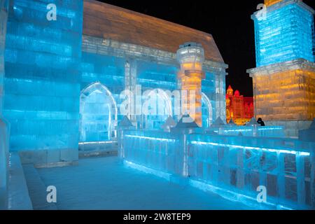 January 1, 2022, HARBIN, CHINA. Night scene in Harbin International Ice ...