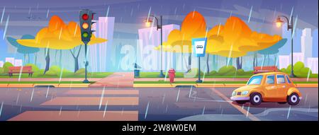 Autumn city road in rainy weather. Vector cartoon illustration of car ...