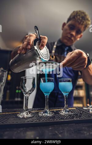 A professional bartender working in a fancy cocktail bar serving a ...