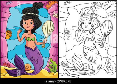 Mermaid Holding Shell Mirror Coloring Page Stock Vector Image & Art - Alamy