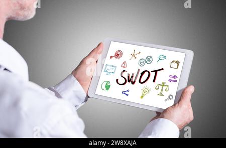 Man holding a tablet showing swot concept Stock Photo - Alamy