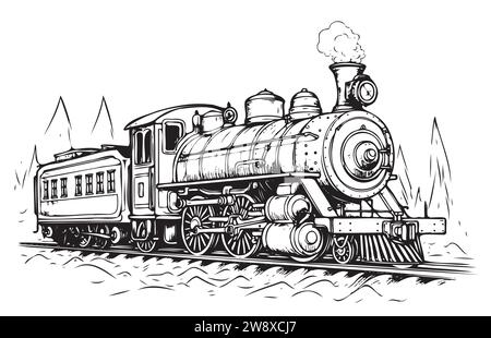 Retro train, side view. Hand drawn vintage steam locomotive in sketch style. Transport vector ...