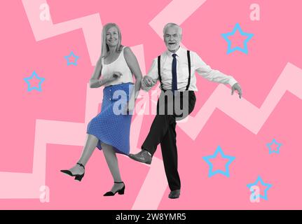 Collage of stylish senior man with suspenders on color background Stock ...