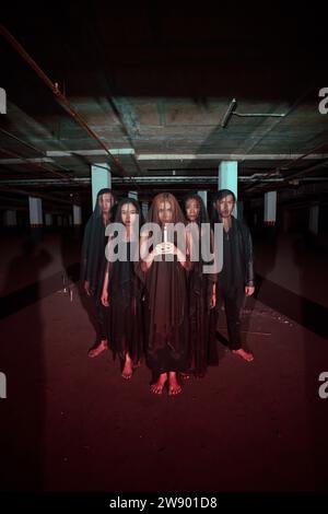 Ghostly figure in hooded cloak. Scary figure with part of mannequin ...