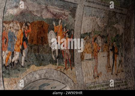 Frescoes painted in the 1500s on the front of a chapel built on the ...