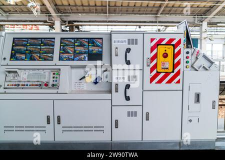 Japanese Shinkansen, bullet train, control station on the platform with ...