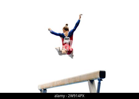 woman gymnast exercise split jump in balance beam gymnastics, sports in ...