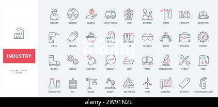 Industry, labor inspection thin black and red line icons set vector ...