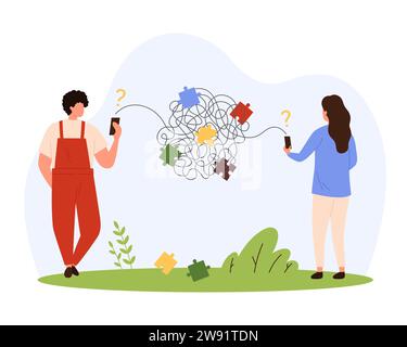 Misunderstanding barrier in online communication. Tiny people with ...