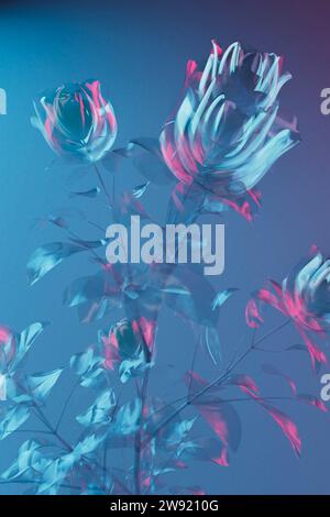 3D render of glass blooming roses against blue background Stock Photo ...