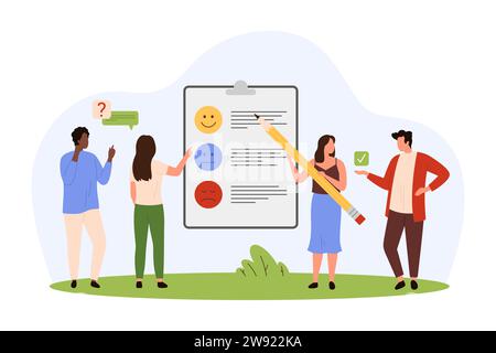 Survey, questionnaire service. Tiny team of people holding puzzle ...