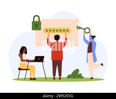 Cyber security and information encryption. Tiny people holding money ...