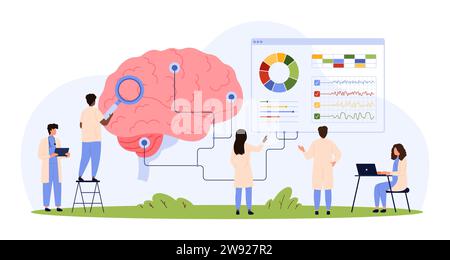 Human brain medical analysis with tiny doctors. Cartoon group of ...