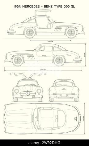 1954 Mercedes-Benz Type 300 SL car blueprint Stock Vector Image & Art ...