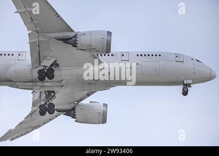 Fuselage seen from below of a large airplane with the landing gear ...
