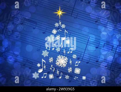 Christmas tree made of music notes and snowflakes on black background ...