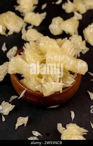 peeled and divided into small pieces ripe pale yellow pomelo, sweet ...