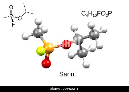 Sarin nerve agent molecule (chemical weapon). Atoms are represented as ...