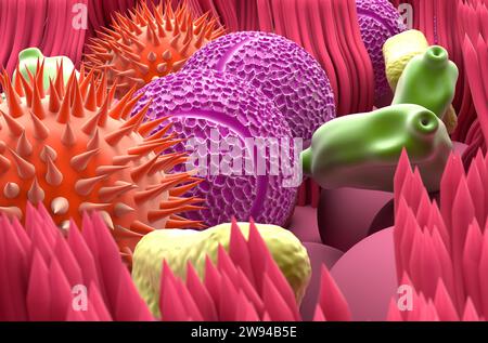Multiple types of pollen grains in the nasal mucosa - isometric view 3d ...