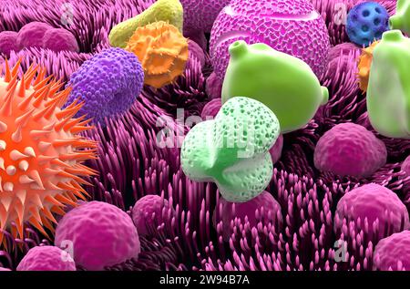 Multiple types of pollen grains in the nasal mucosa - isometric view 3d ...